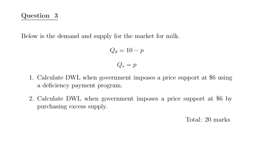 Solved Question 3 Below is the demand and supply for the | Chegg.com