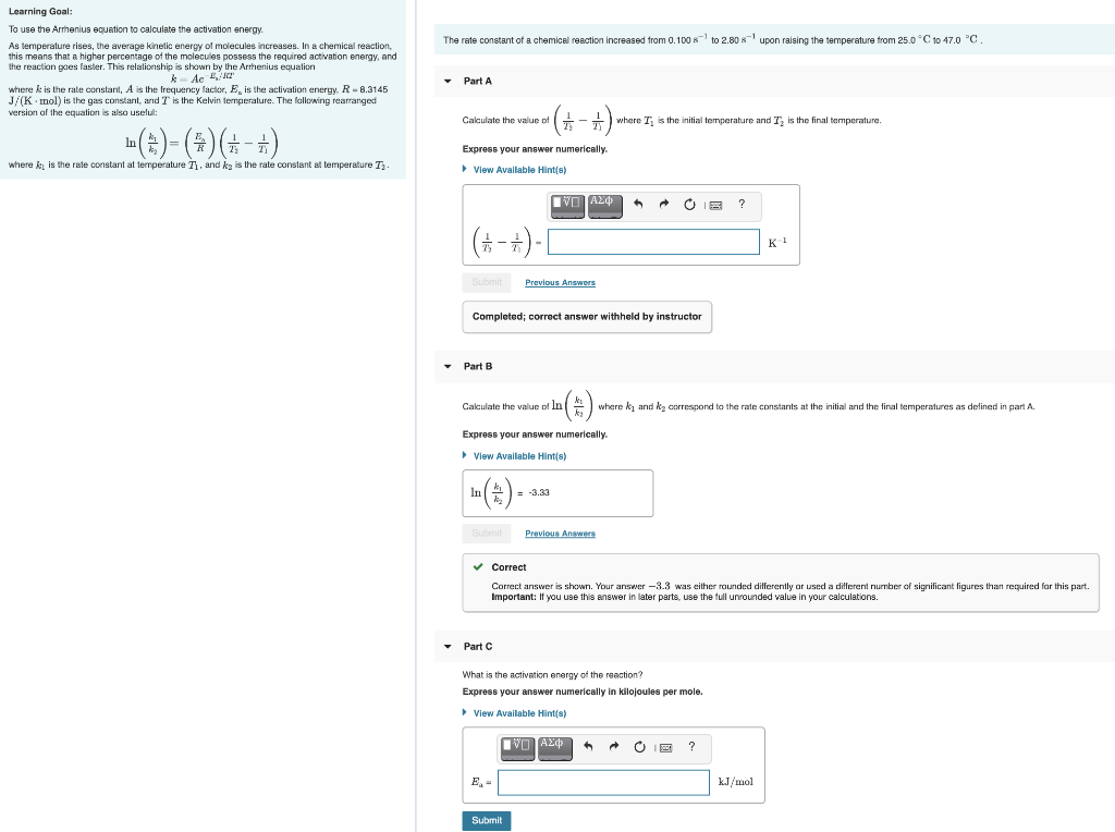 Solved Learning Goal: To use the Arrhenius equation to | Chegg.com