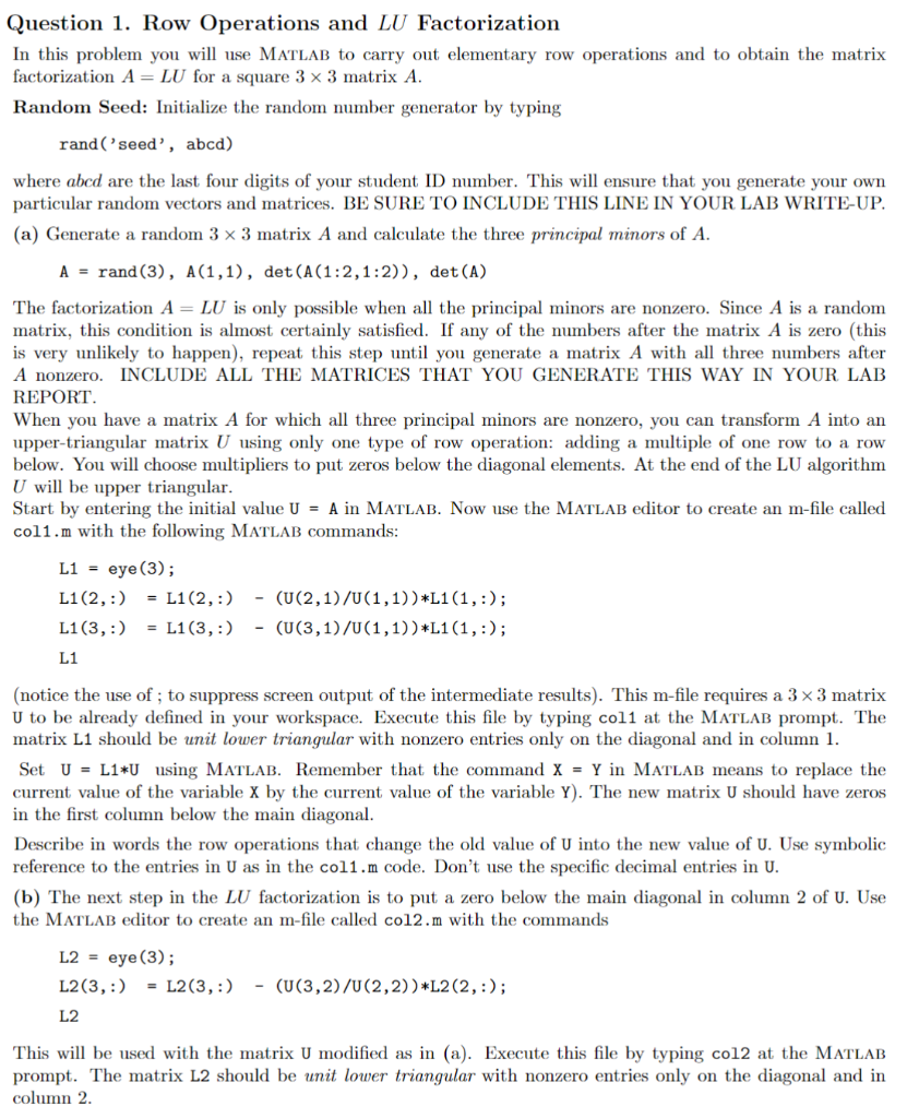 Linear Algebra Please Answer All Parts In Matlab 