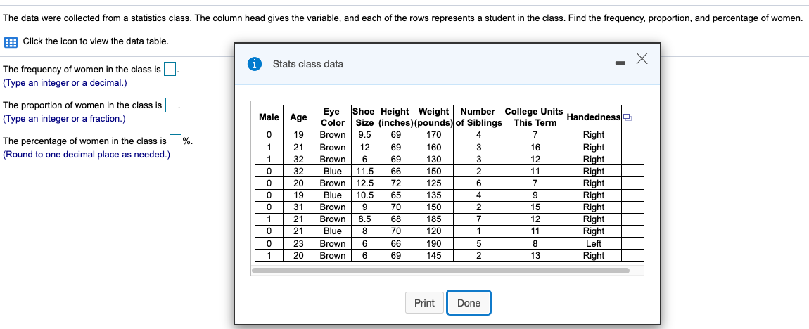 Solved The Data Were Collected From A Statistics Class The 