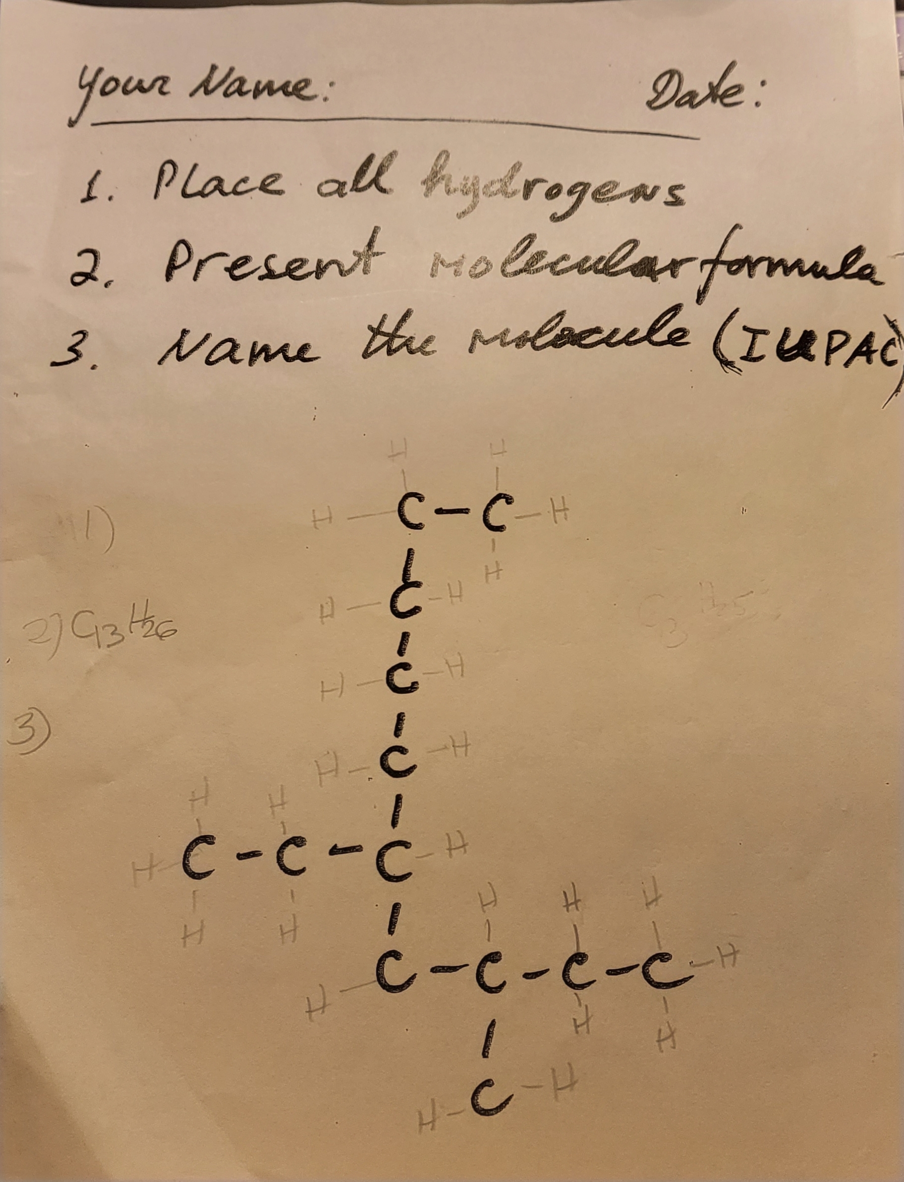 Solved Your Name: Date: 1. Place all hydrogews 2. Present | Chegg.com