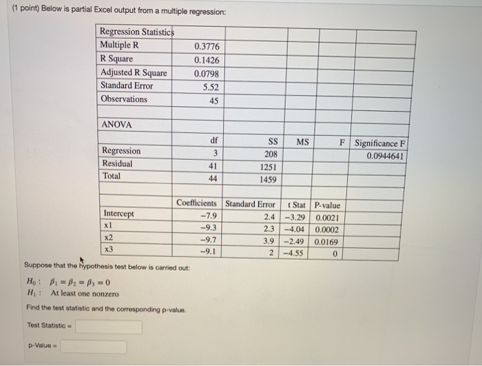 Solved 1 point) Below is partial Excel output from a | Chegg.com