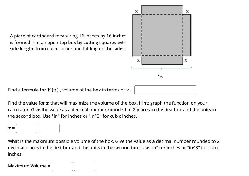 Solved X A piece of cardboard measuring 16 inches by 16 | Chegg.com