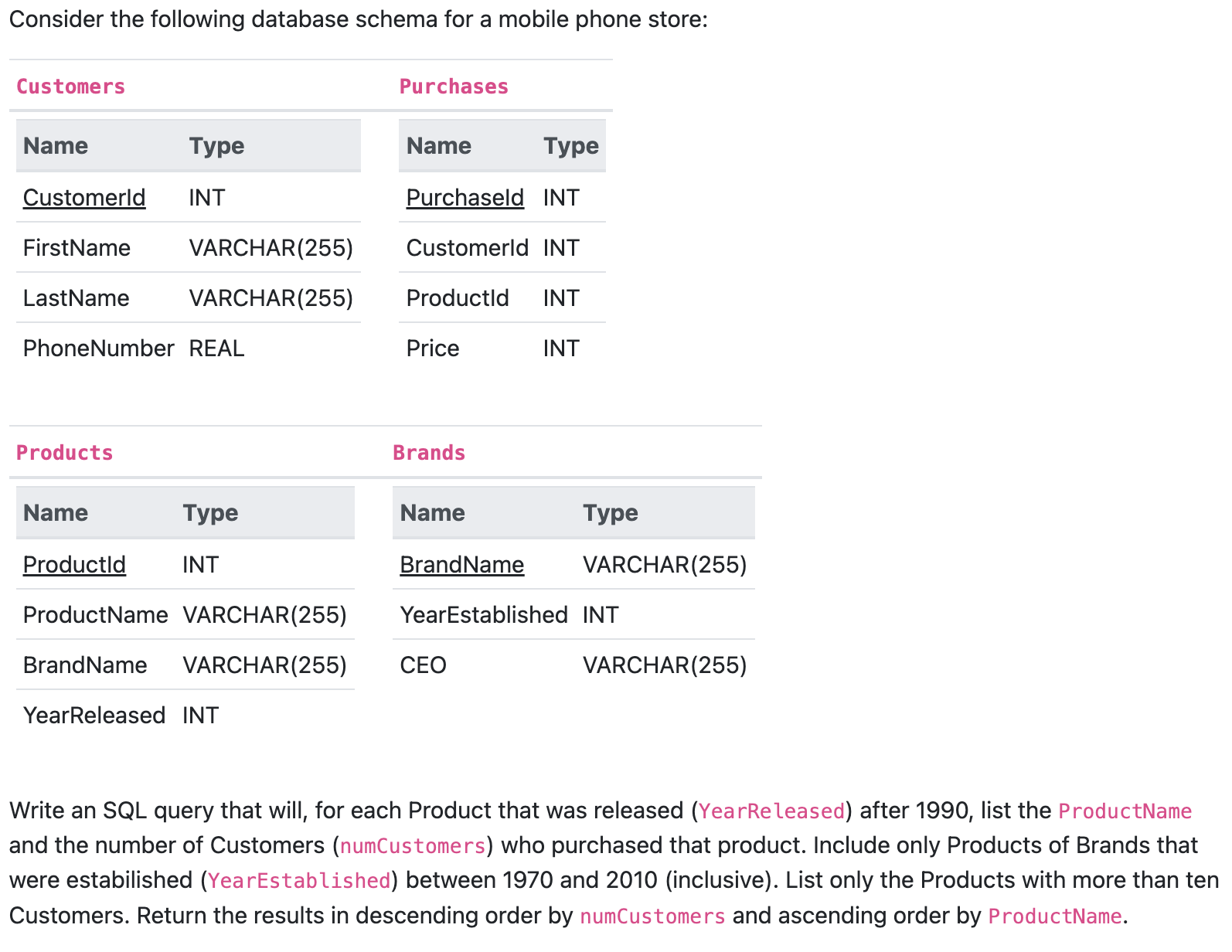 Solved Consider the following database schema for a mobile | Chegg.com