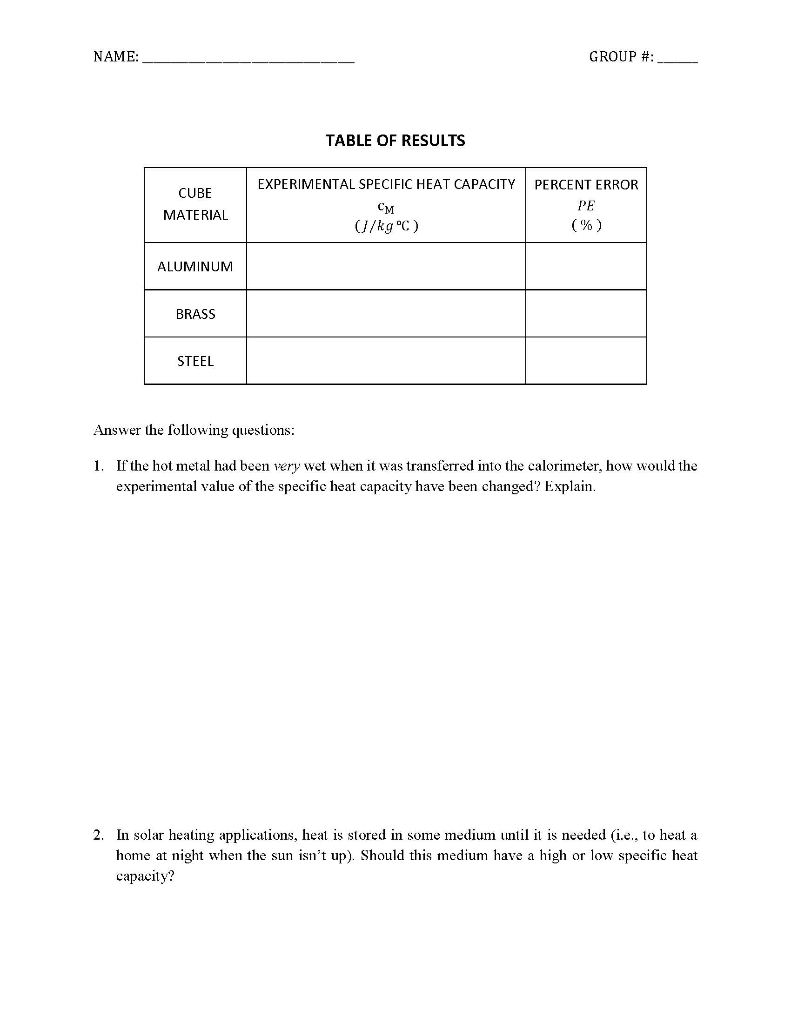 NAME: GROUP #: EXPERIMENT 09-SPECIFIC HEAT CAPACITY | Chegg.com