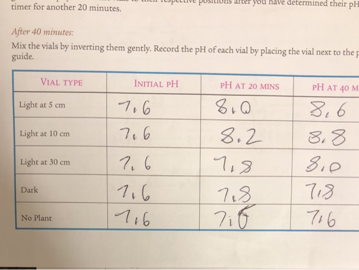 Solved light vial at 5 cm at your last time check. a. What | Chegg.com