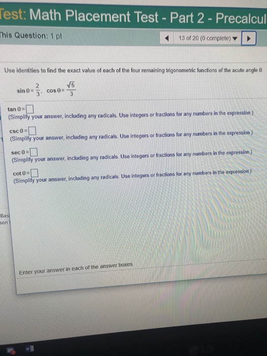 Solved est: Math Placement Test - Part 2 - Precalcul his | Chegg.com