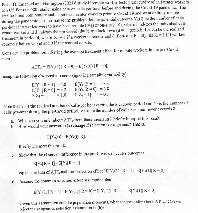 Solved Part III. Emanuel and Harrington (2023)1 study if | Chegg.com