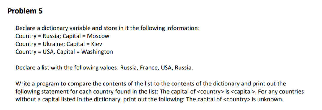 Solved Problem 5 Declare a dictionary variable and store in | Chegg.com