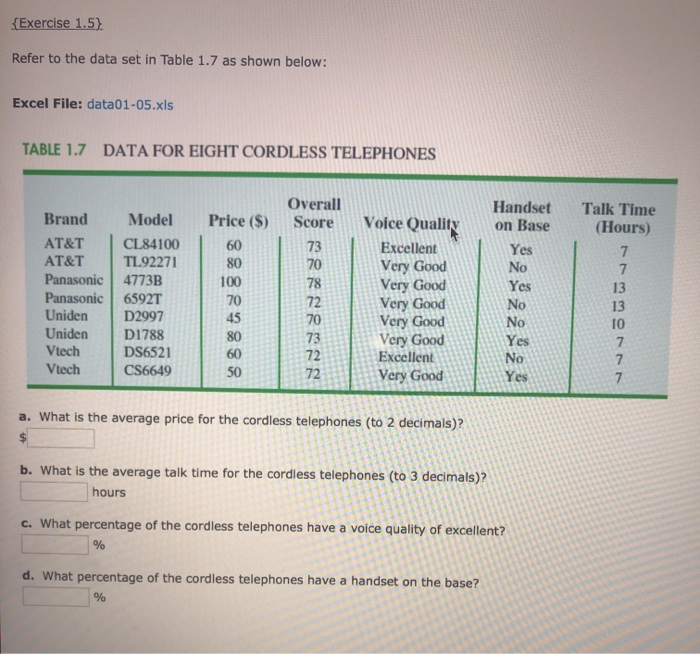 Solved (Exercise 1.5) Refer to the data set in Table 1.7 as | Chegg.com