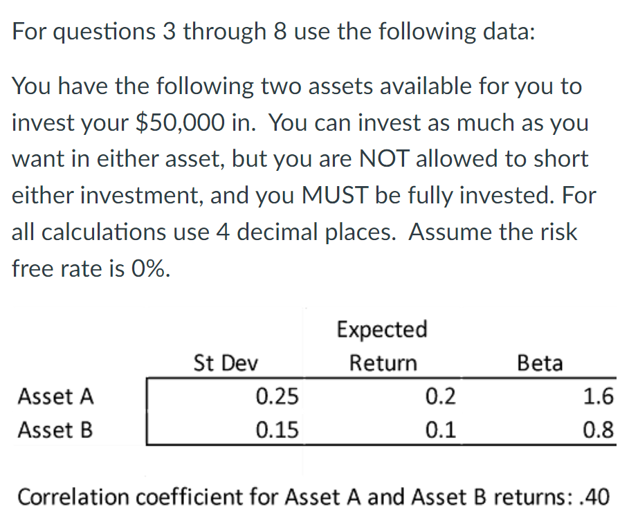 Solved For questions 3 through 8 use the following data: You | Chegg.com