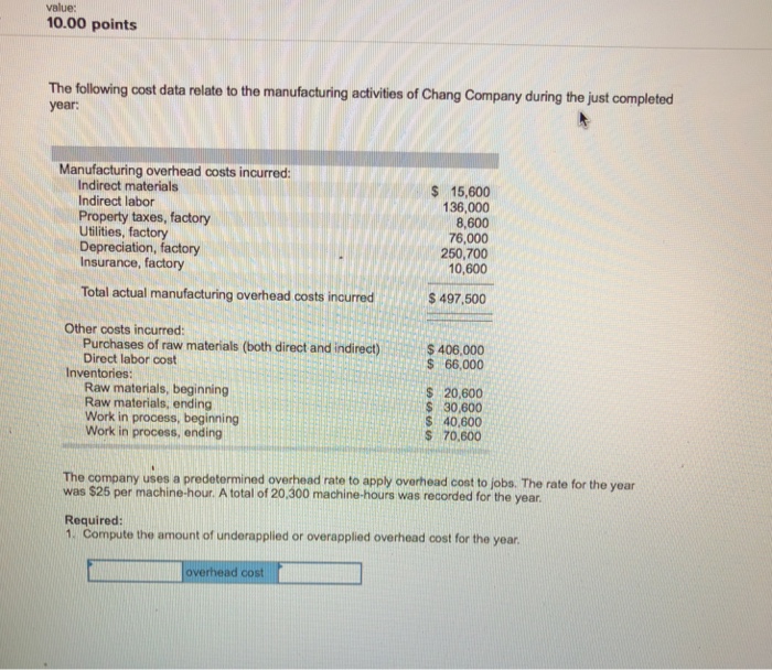 Solved value: 10.00 points The following cost data relate to | Chegg.com