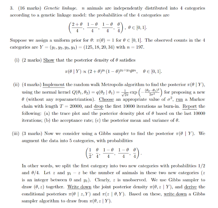 Solved 3. (16 marks) Genetic linkage. n animals are | Chegg.com