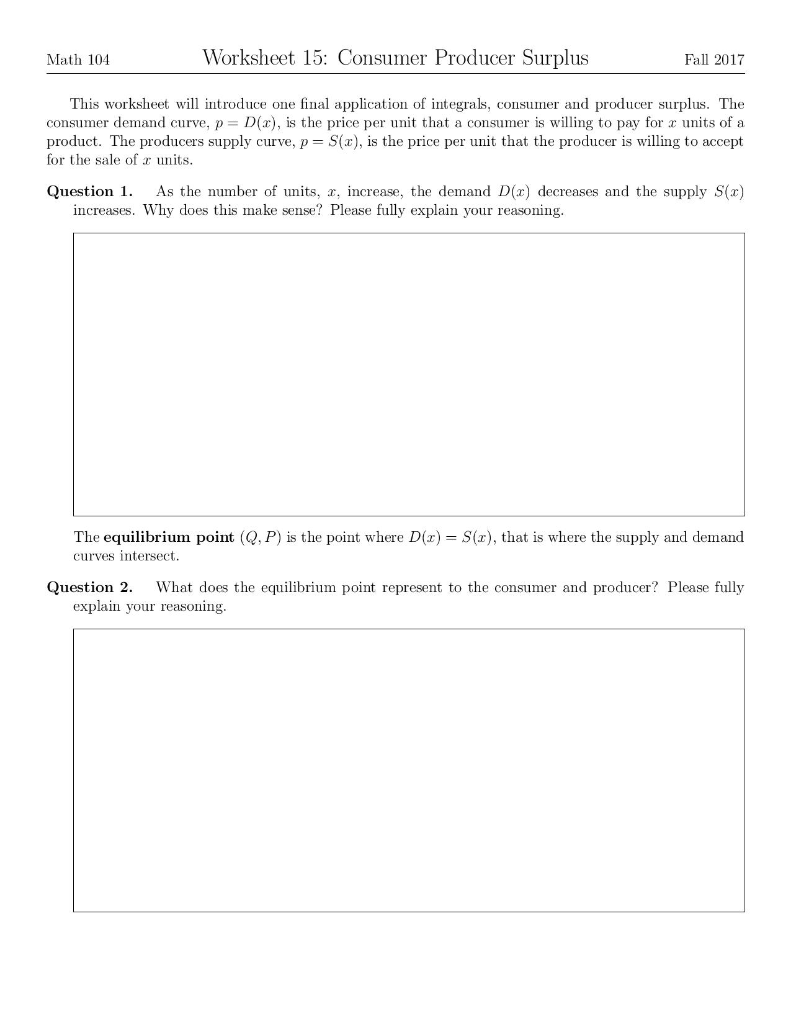 Solved Math 104 Worksheet 15: Consumer Producer Surplus Fall | Chegg.com