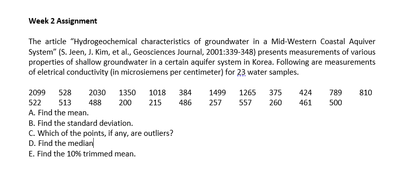 Solved Week 2 Assignment The article "Hydrogeochemical | Chegg.com