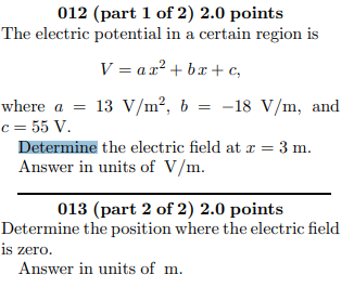 Solved 012 (part 1 of 2) 2.0 points The electric potential | Chegg.com
