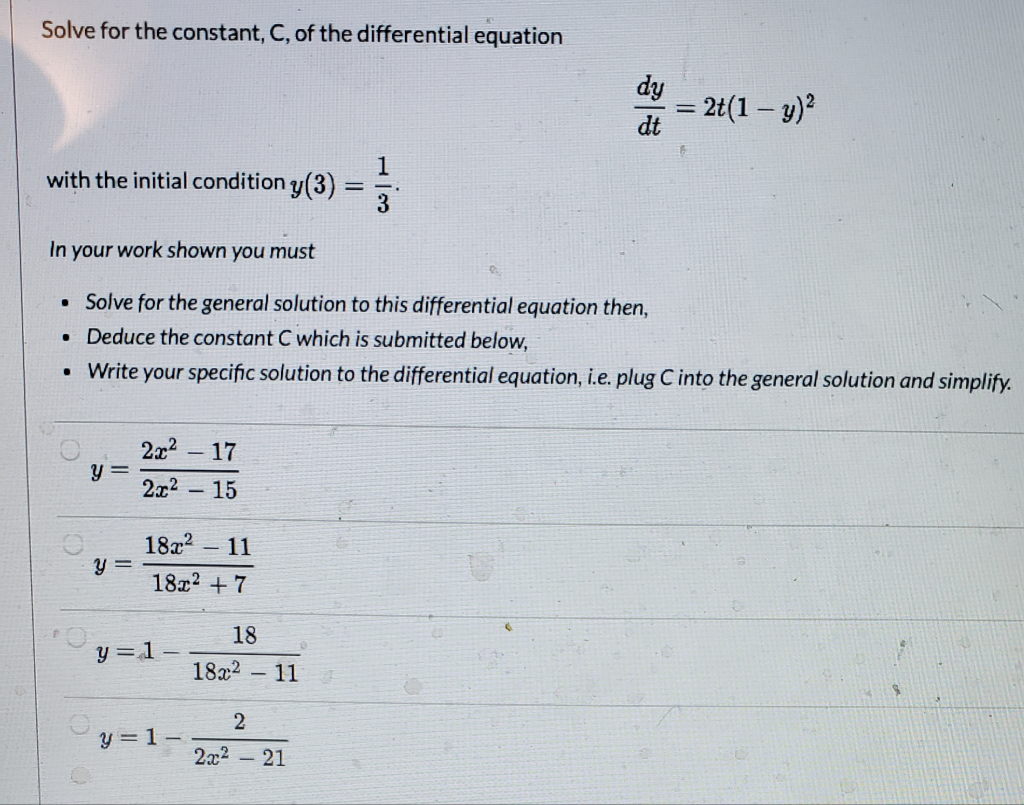 Solved Solve for the constant, C, of the differential | Chegg.com
