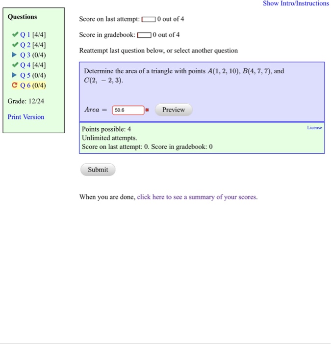 Solved Determine the area of a triangle with points A (1, 2, | Chegg.com