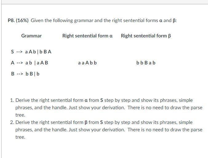 P8.(16%) Given the following grammar and the right | Chegg.com
