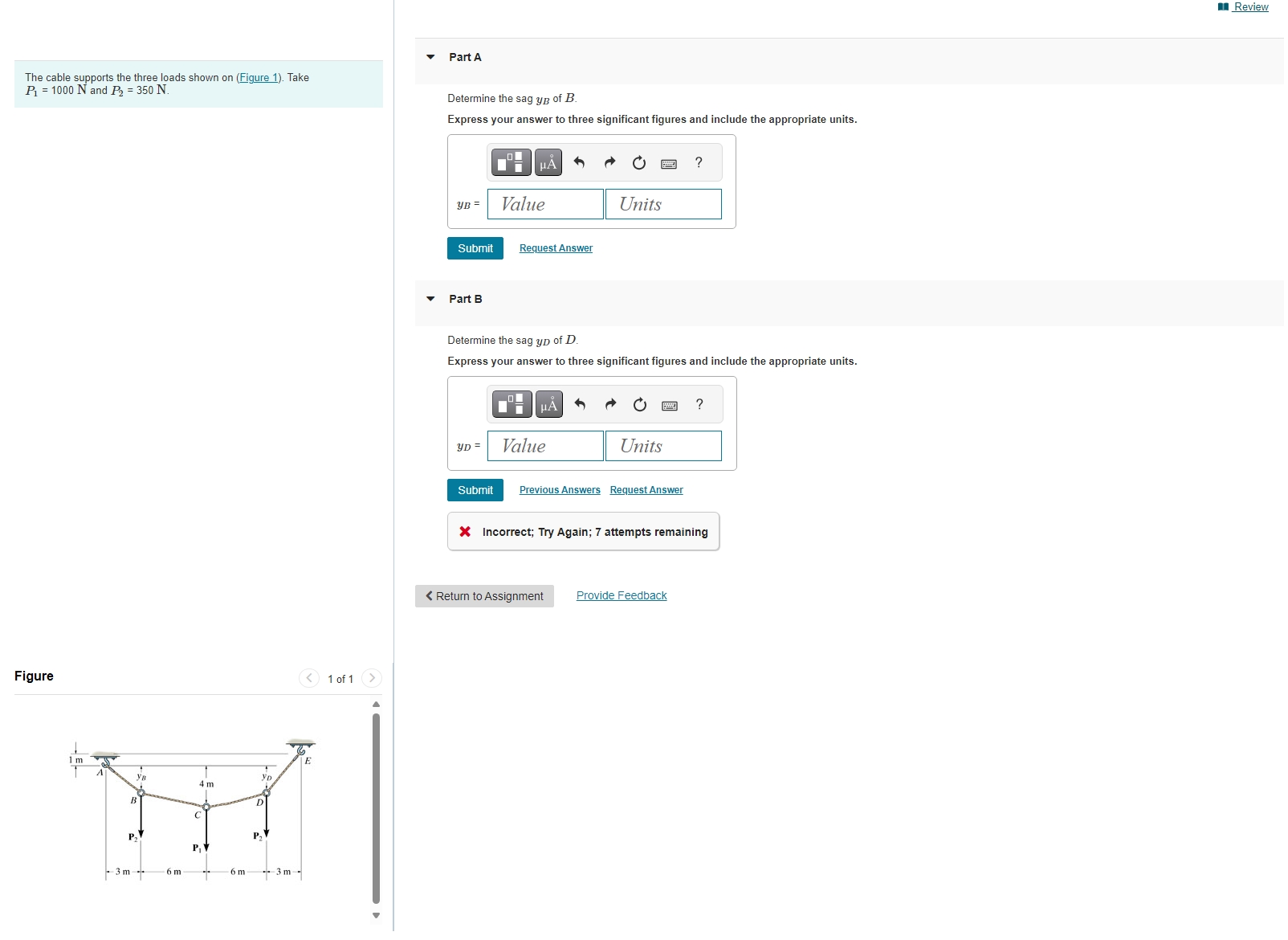 Solved The cable supports the three loads shown | Chegg.com