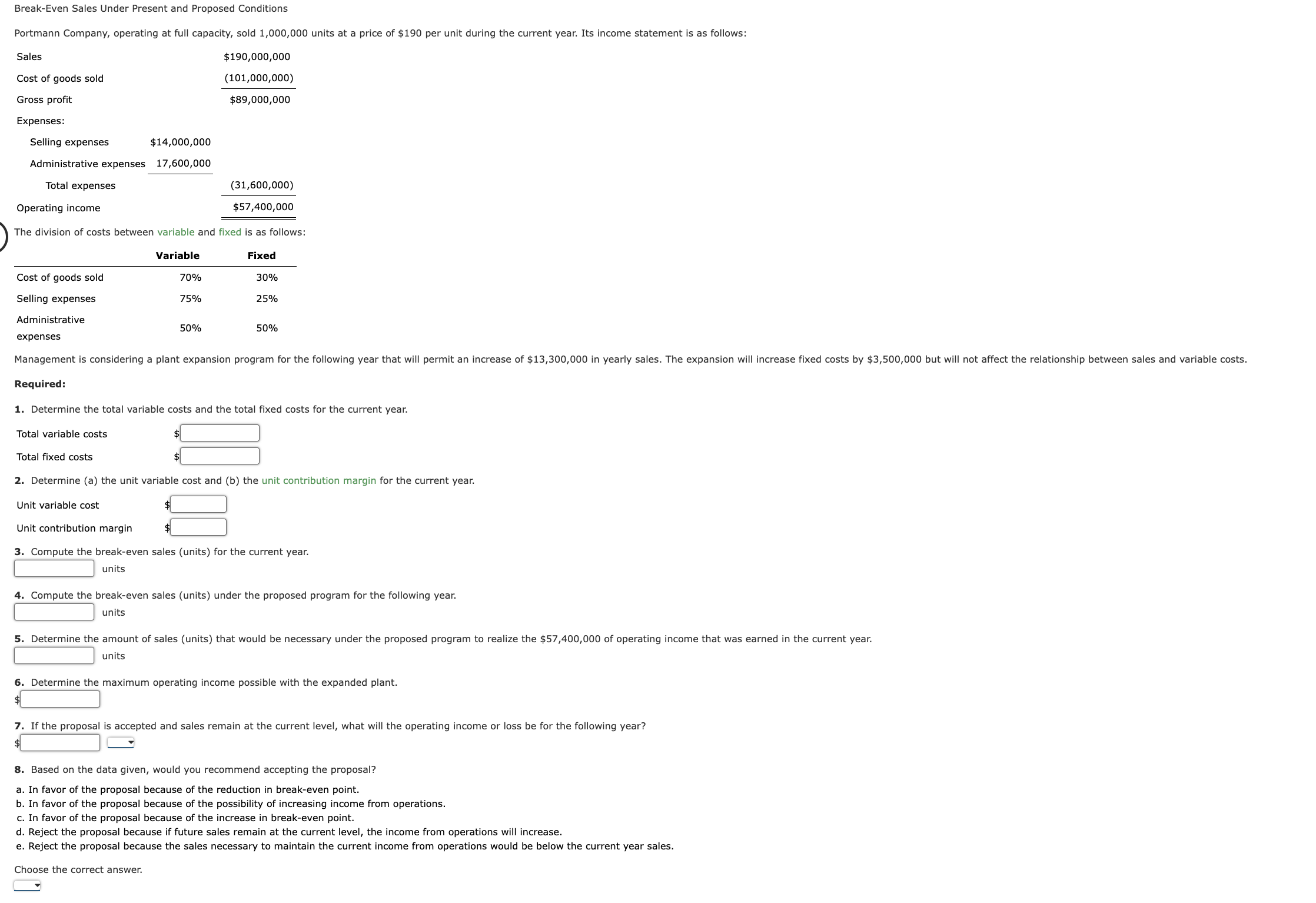 Solved Required:Determine the total variable costs and the | Chegg.com