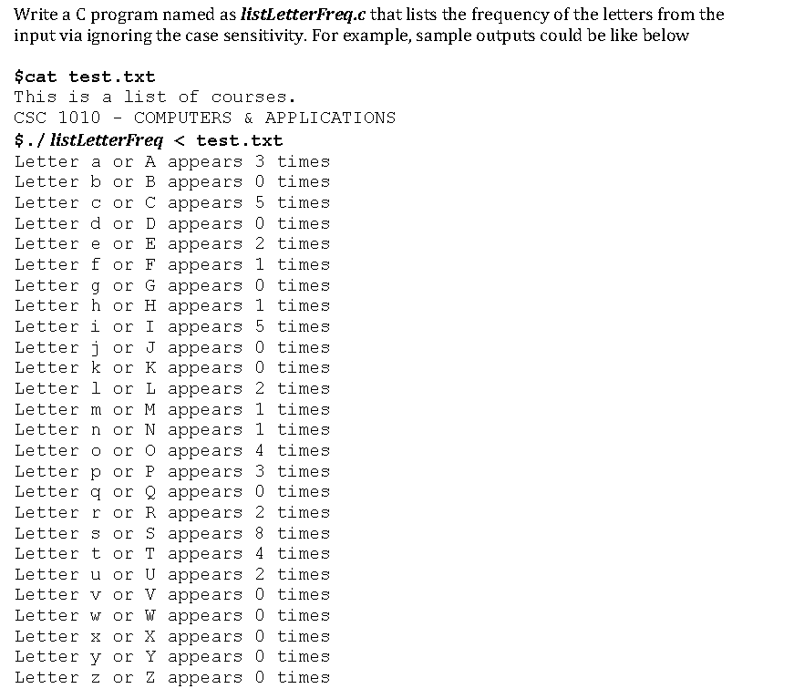 Solved Write a C program named as listletterFreq.c that | Chegg.com
