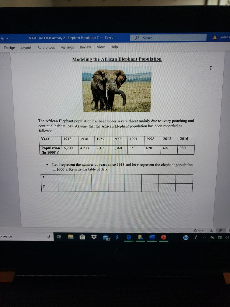 Solved MATH 141 Class Activity 2 - Elephant Population (1) - | Chegg.com