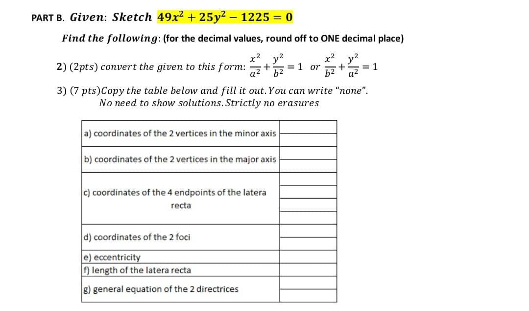 Solved ART B. Given: Sketch 49x2+25y2−1225=0 Find the | Chegg.com