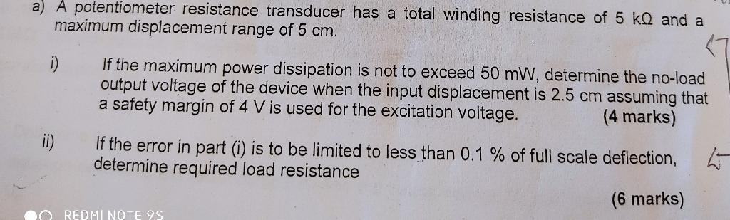 Solved a) A potentiometer resistance transducer has a total | Chegg.com