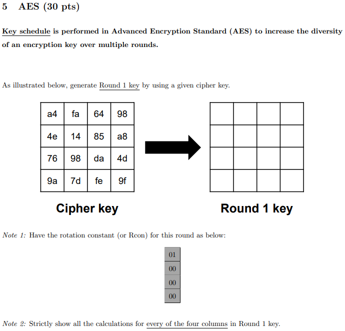 Solved 5 AES (30 pts) Key schedule is performed in Advanced | Chegg.com
