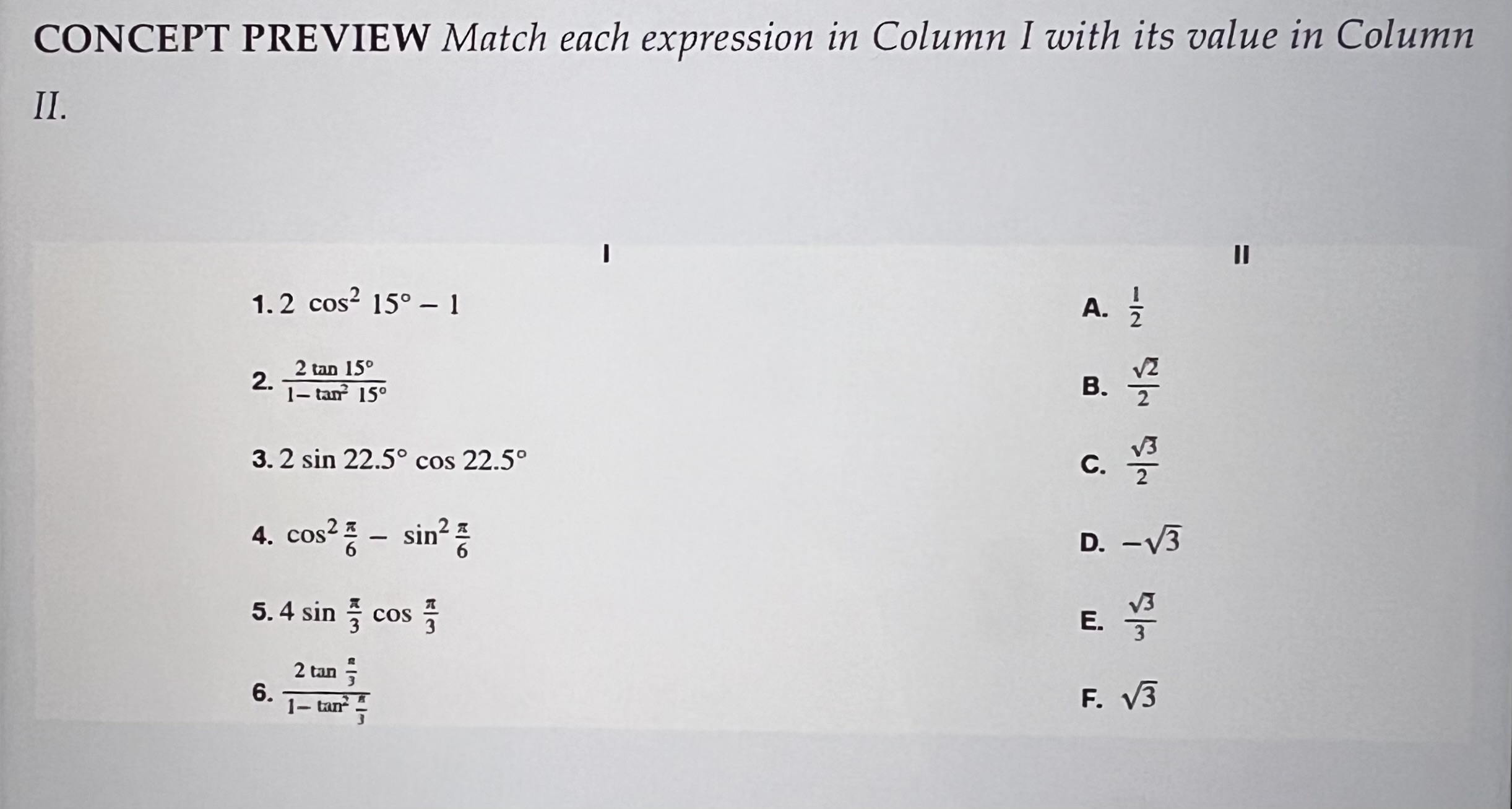 Solved CONCEPT PREVIEW Match each expression in Column I | Chegg.com
