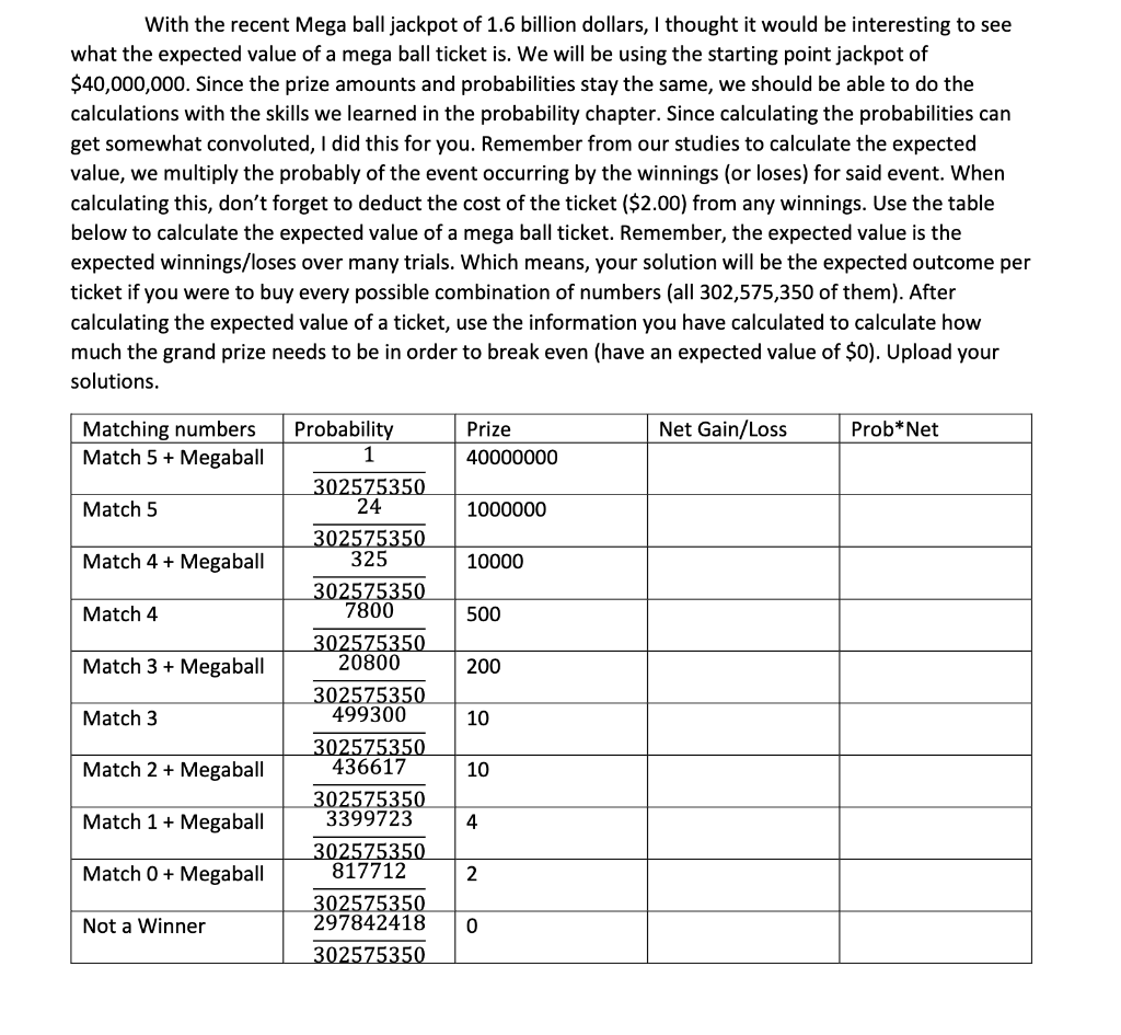 Solved With the recent Mega ball jackpot of 1.6 billion | Chegg.com