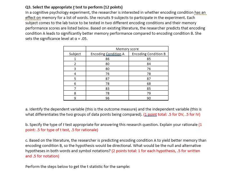 Solved Q3. Select the appropriate t test to perform (12 | Chegg.com