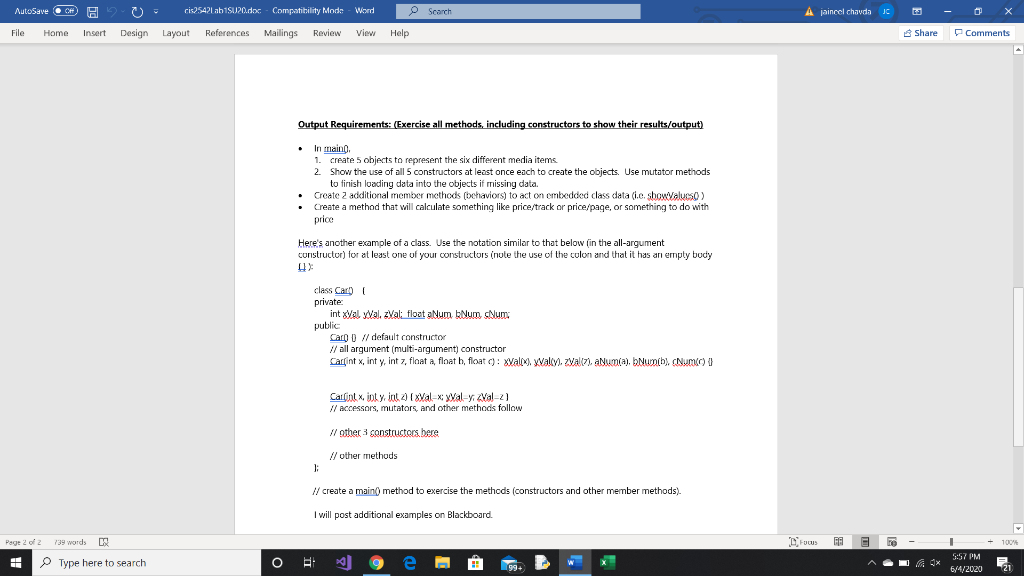 Solved AutoSave CH cis2542Lab1SU20.doc Compatibility Mode - | Chegg.com