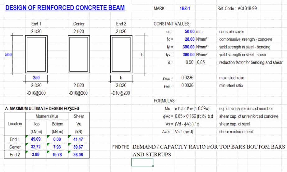 DESIGN OF REINFORCED CONCRETE BEAM MARK 1BZ-1 Ref. | Chegg.com