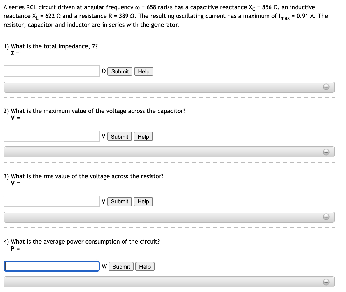Solved A series RCL circuit driven at angular frequency w = | Chegg.com
