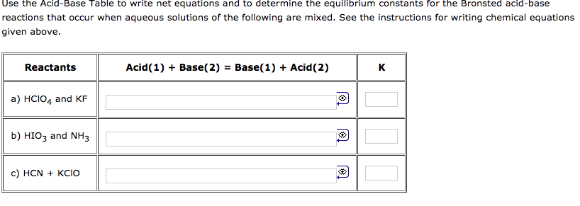 Solved Use the Acid-Base Table to write net equations and to | Chegg.com