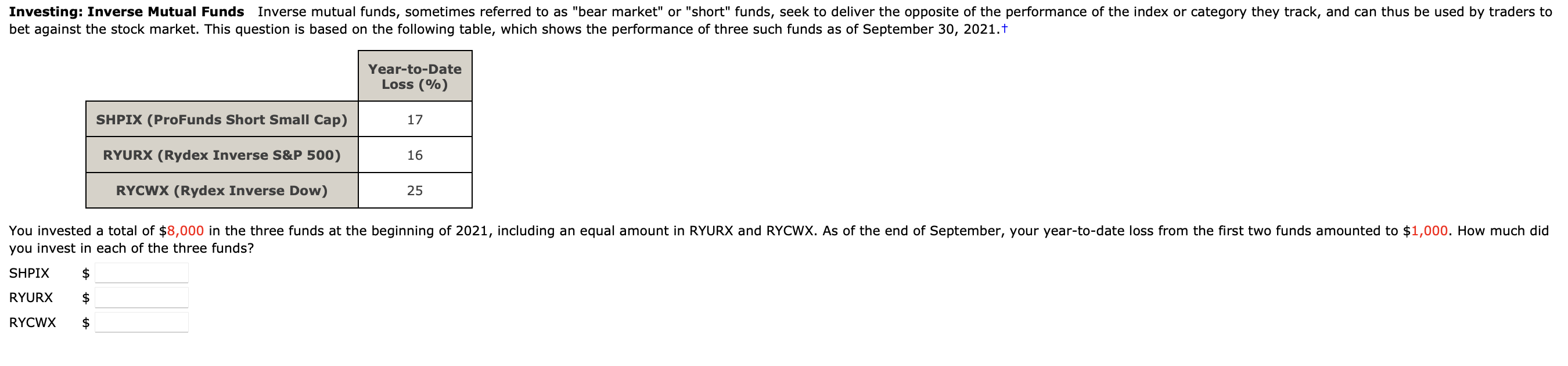 Solved you invest in each of the three funds? SHPIX \$ RYURX | Chegg.com