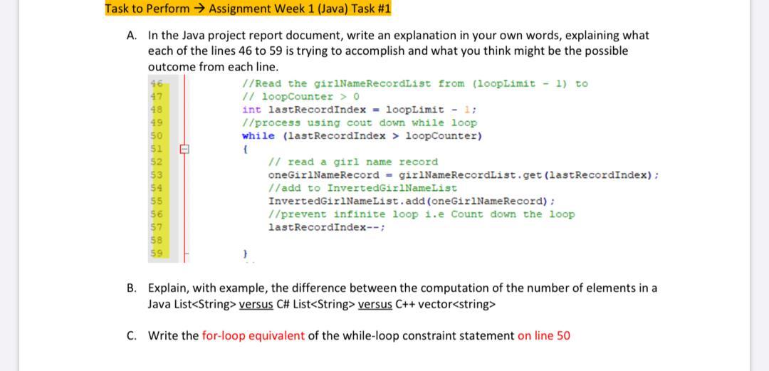 Solved Task to Perform → Assignment Week 1 (Java) Task #1 A. | Chegg.com