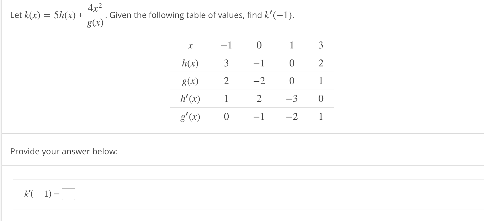 Solved Let k(x)=5h(x)+g(x)4x2. Given the following table of | Chegg.com