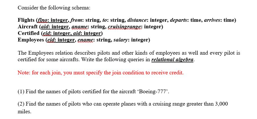 Solved Consider the following schema: Flights (flno: | Chegg.com