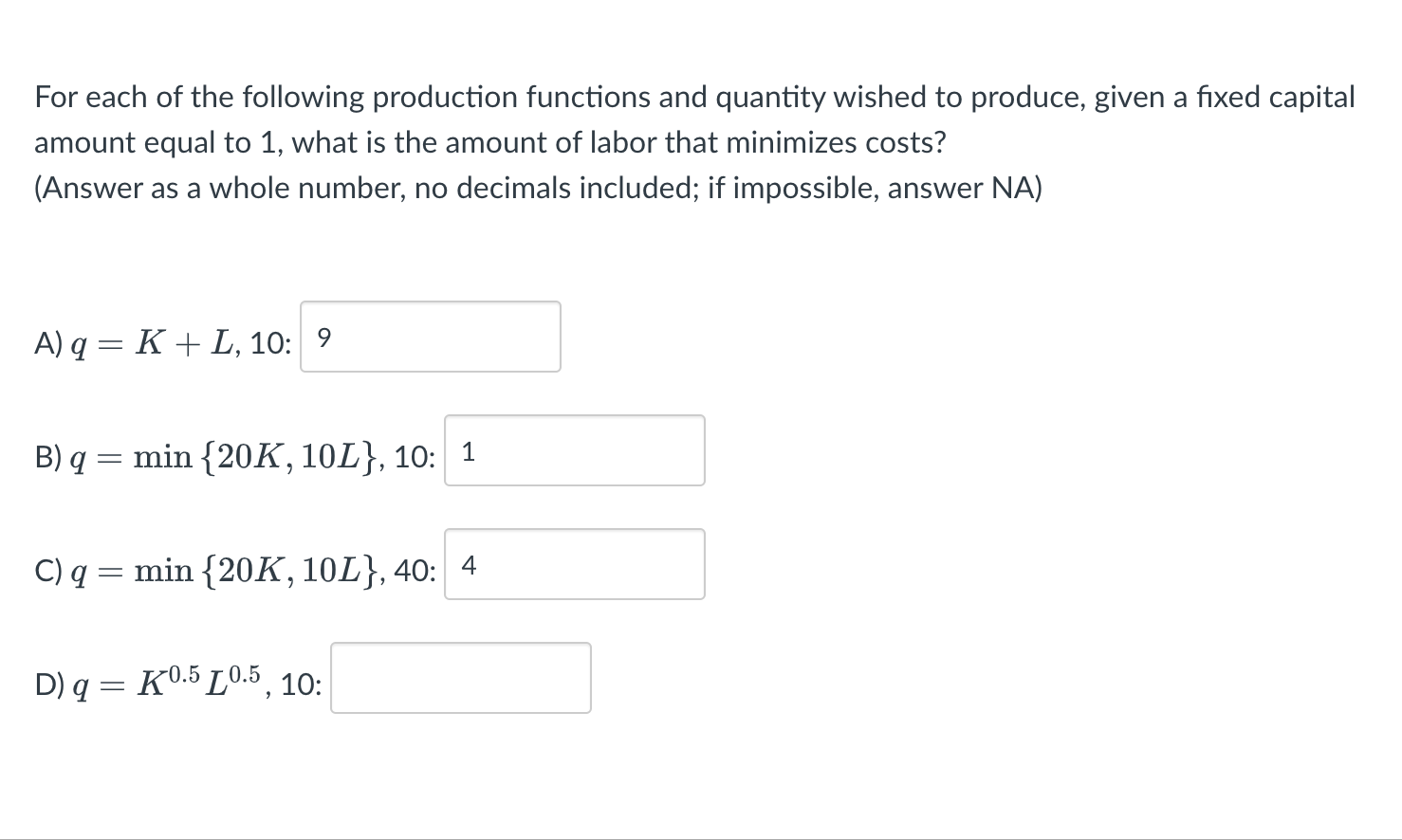 Solved For each of the following production functions and | Chegg.com