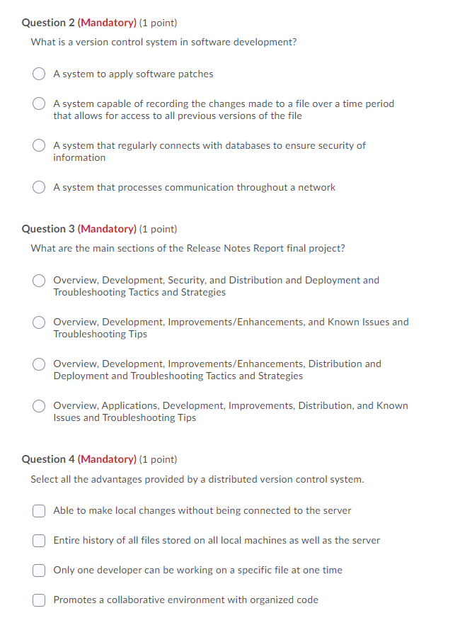 Solved Question 2 (Mandatory) (1 point) What is a version | Chegg.com