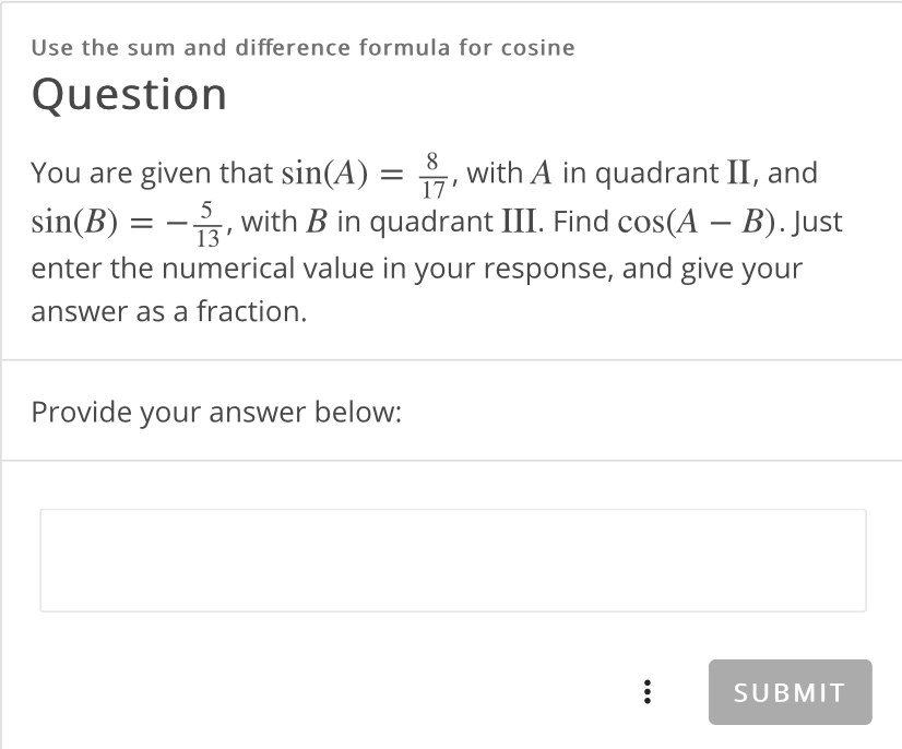 Solved Use the sum and difference formula for cosine | Chegg.com