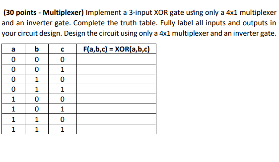 Solved a (30 points - Multiplexer) Implement a 3-input XOR | Chegg.com