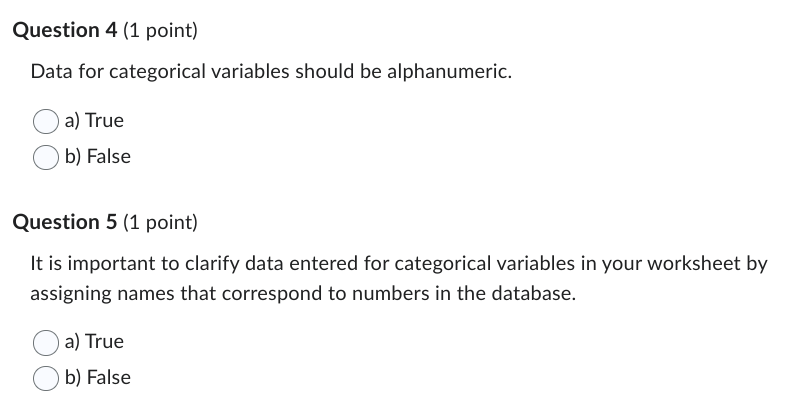 Solved Question 4 (1 ﻿point)Data for categorical variables | Chegg.com