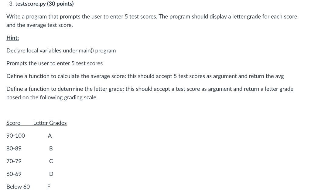 Solved 3. testscore.py (30 points) Write a program that | Chegg.com
