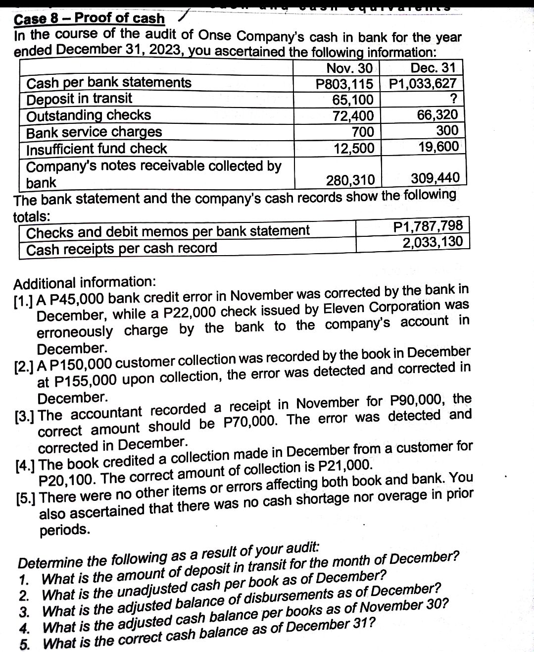 Case 8 - Proof of cash In the course of the audit of | Chegg.com