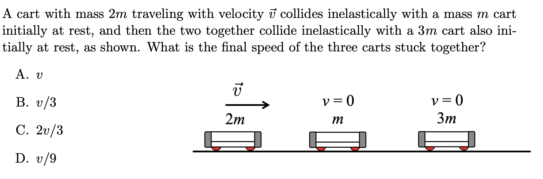 Solved A cart with mass 2m traveling with velocity v | Chegg.com
