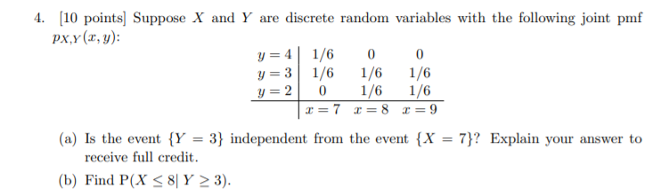 Solved 4. [10 points) Suppose X and Y are discrete random | Chegg.com